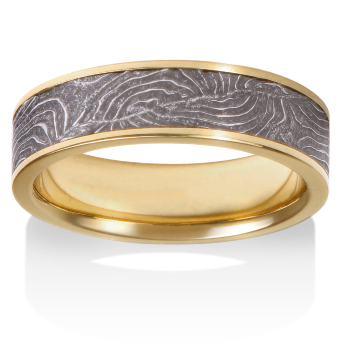 Damascus Shotgun Barrel Ring - 18K Yellow Gold