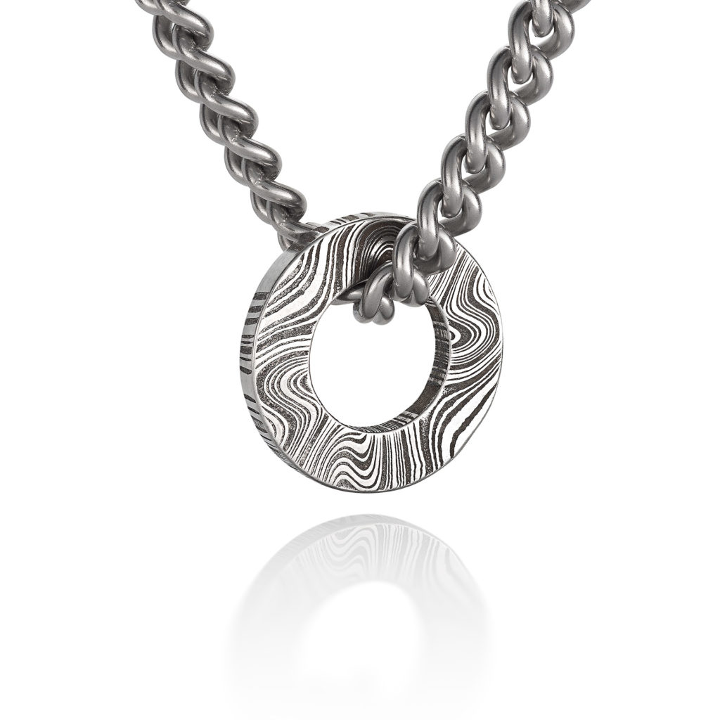 Damascus Disc Pendant on Heavy Curb Chain