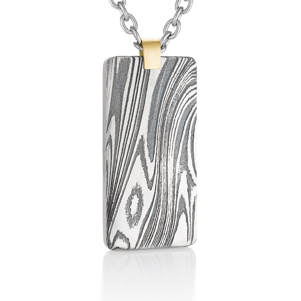 Damascus Dog Tag with Gold Bail