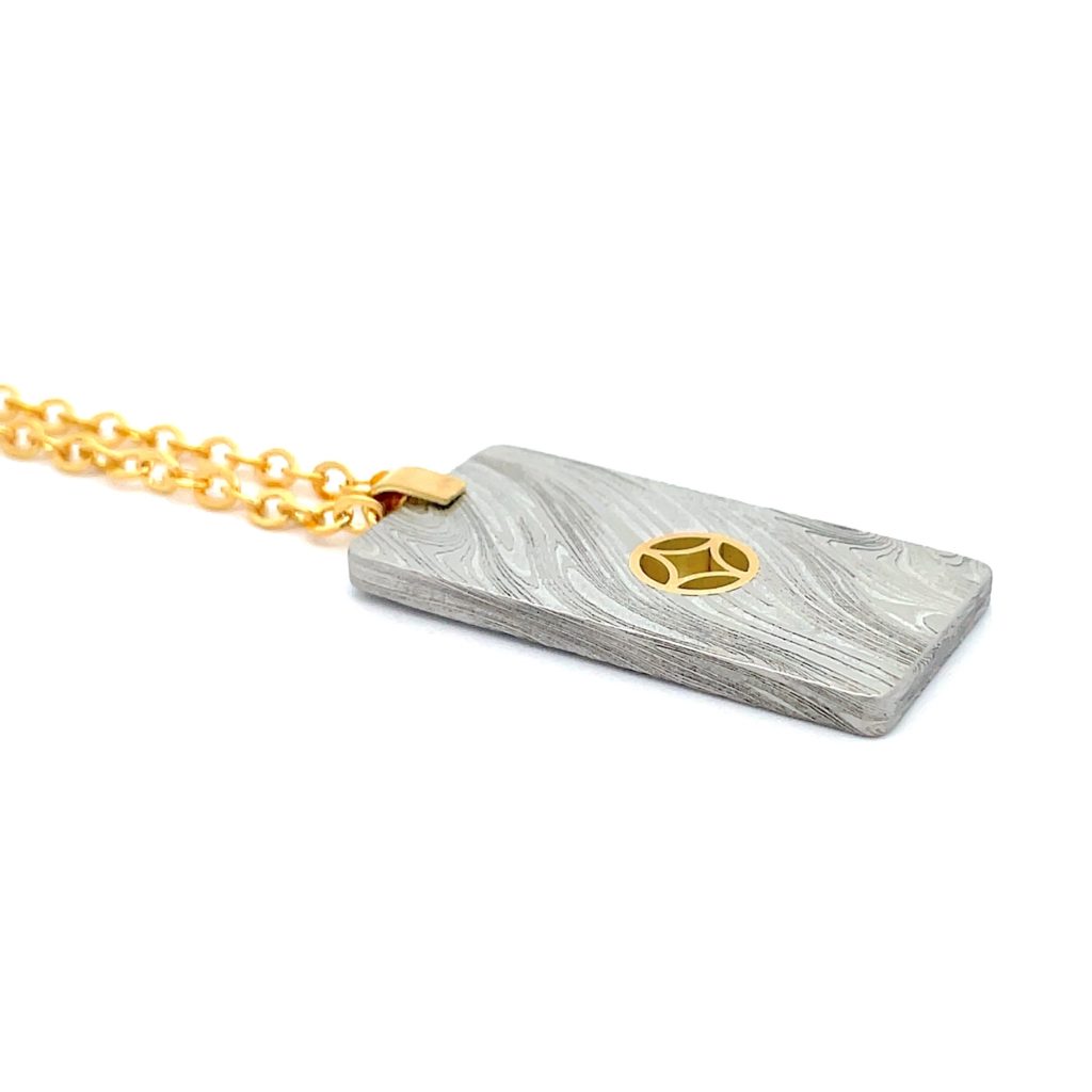 Damascus Dog Tag with Gold Inlay, Quartered Circle