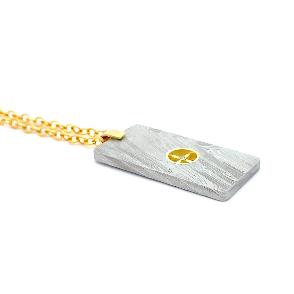 Damascus Dog Tag with Gold Inlay, Four Leaves