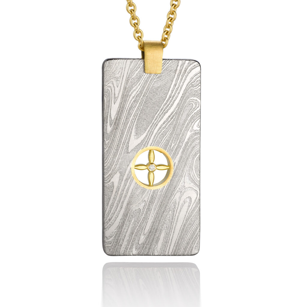 Damascus Dog Tag with Gold Inlay, Four Leaves