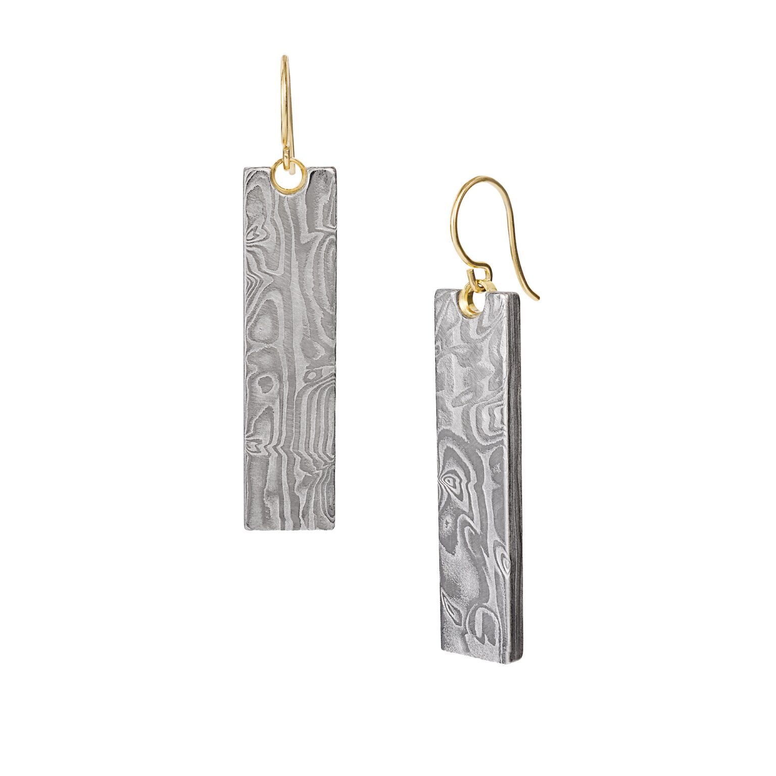Damascus Dangle Earrings with Gold, Large Rectangle